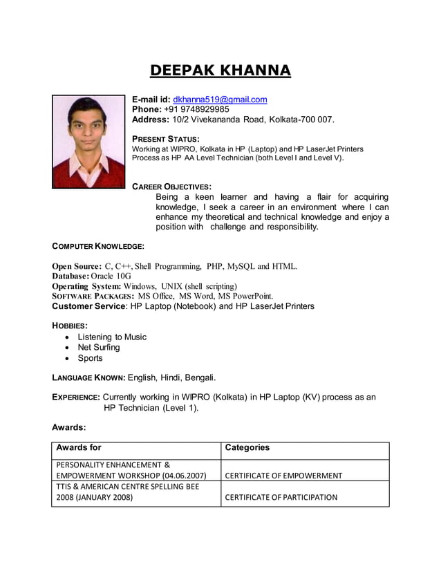 Deepak Khanna Fresher CV | PDF | Free Download