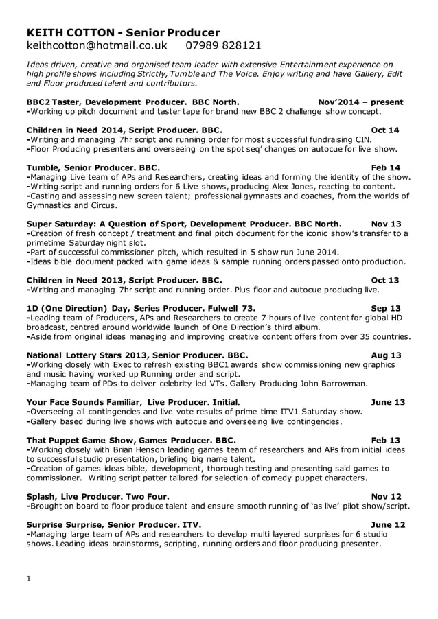 KEITH COTTON PRODUCER CV | DOCX | Television | Entertainment