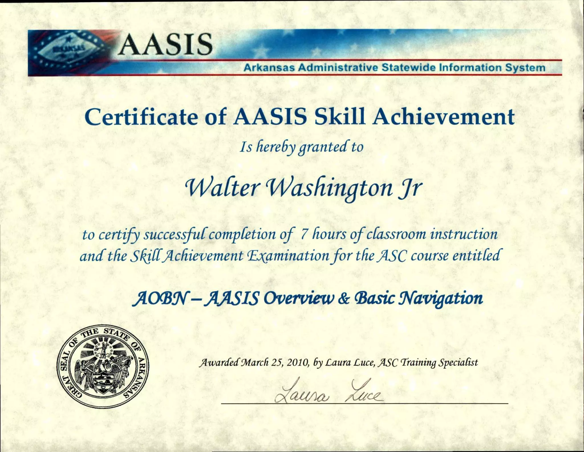 Certificate of AASIS Skill Achievement AASIS Overview and Basic ...