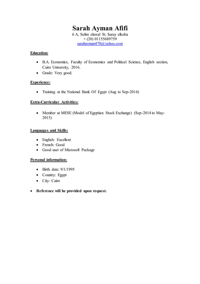 Sarah Ayman Afifi CV | PDF | Free Download