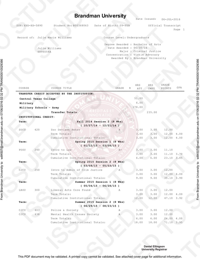 Julie Williams Brandman Official Transcript | PDF