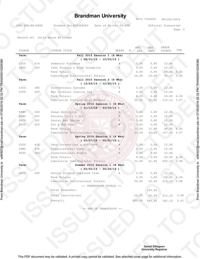 Julie Williams Brandman Official Transcript | PDF