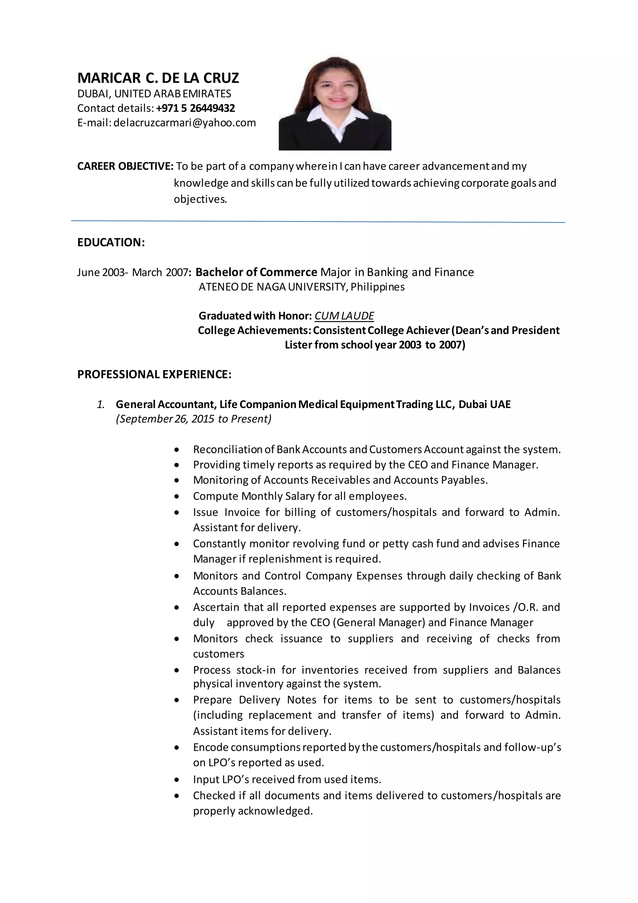 CURRICULUM VITAE-Maricar C. De La Cruz | PDF