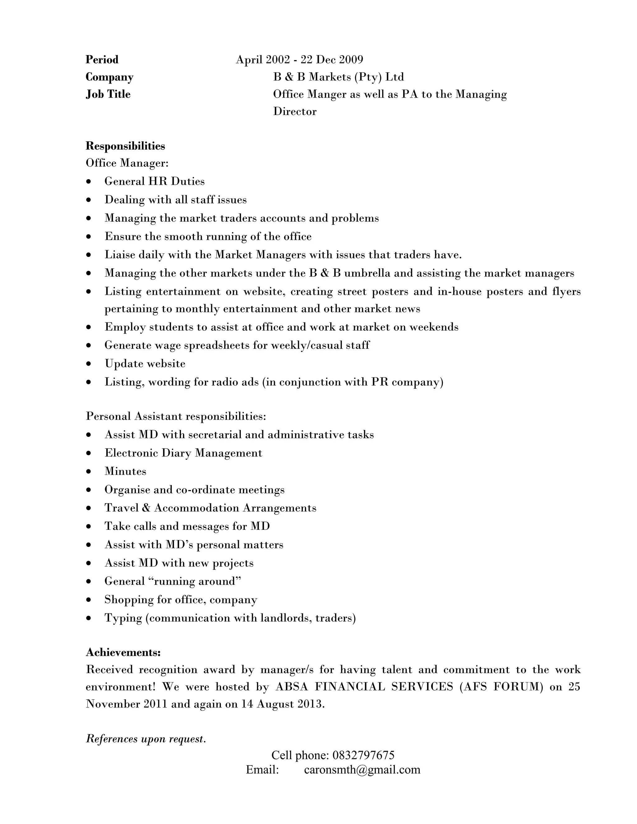 Curriculum vitae of Caron Smith | PDF
