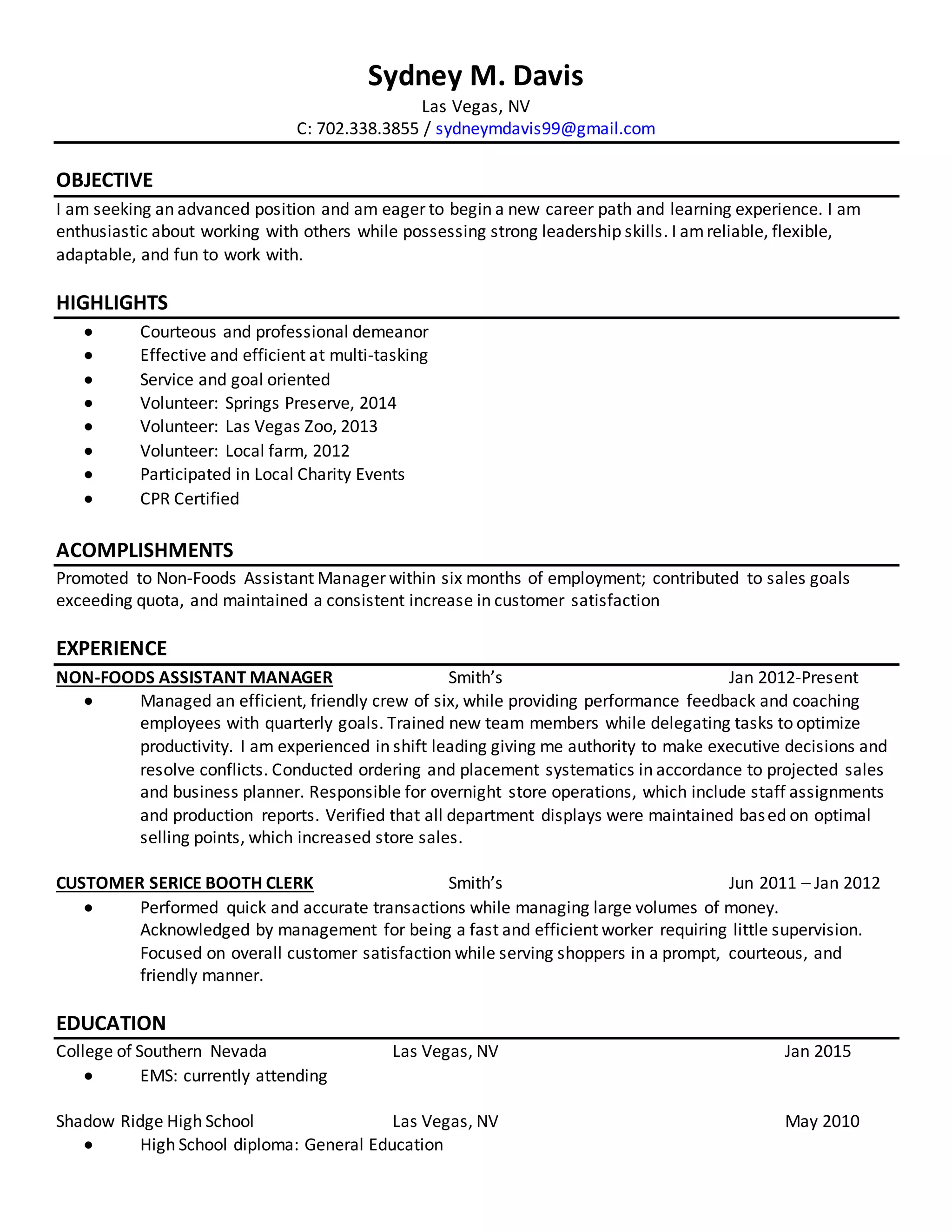 Sydney Resume 2 | DOCX | Business | Business and Finance