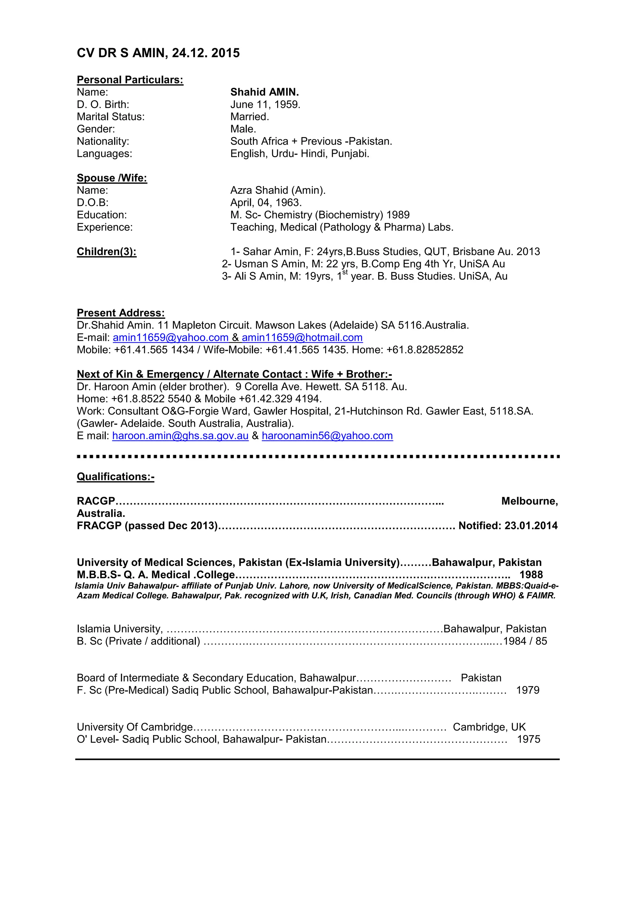 Dr S Amin CV Dec 2015pdf | PDF