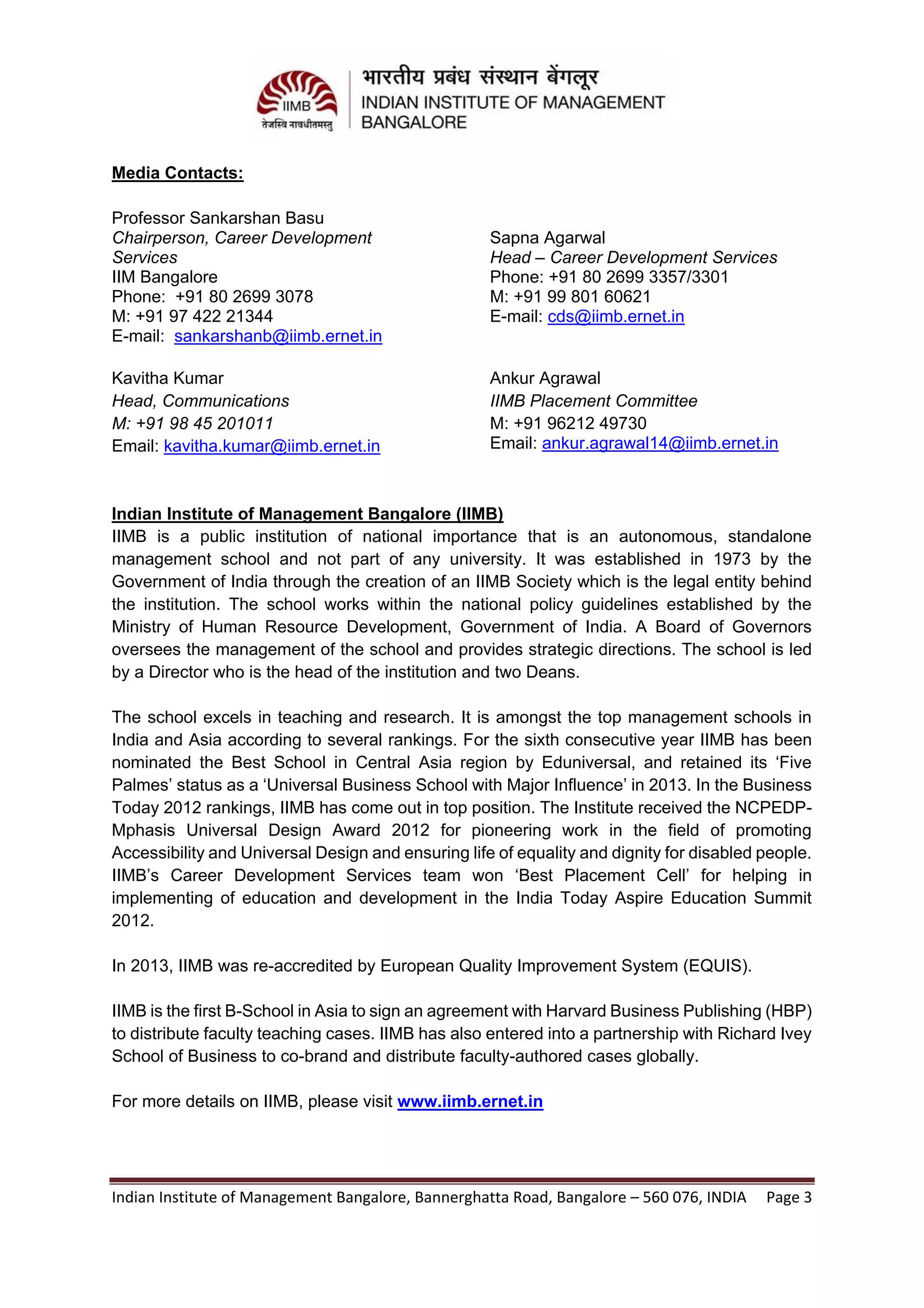 IIMB Final Placements 2015 | PDF