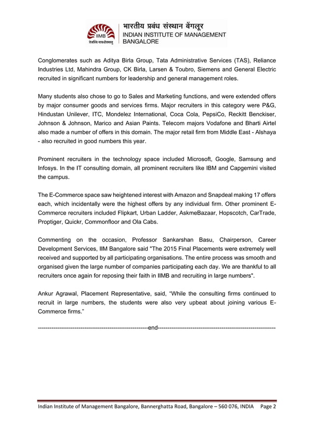 IIMB Final Placements 2015 | PDF
