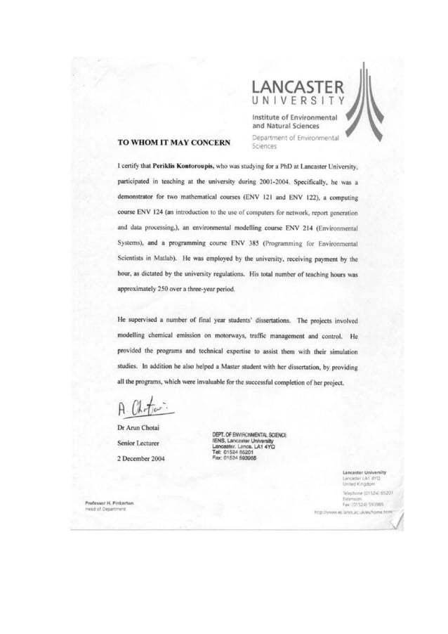 Letter of duties and responsibilities (Lancaster University) | PDF