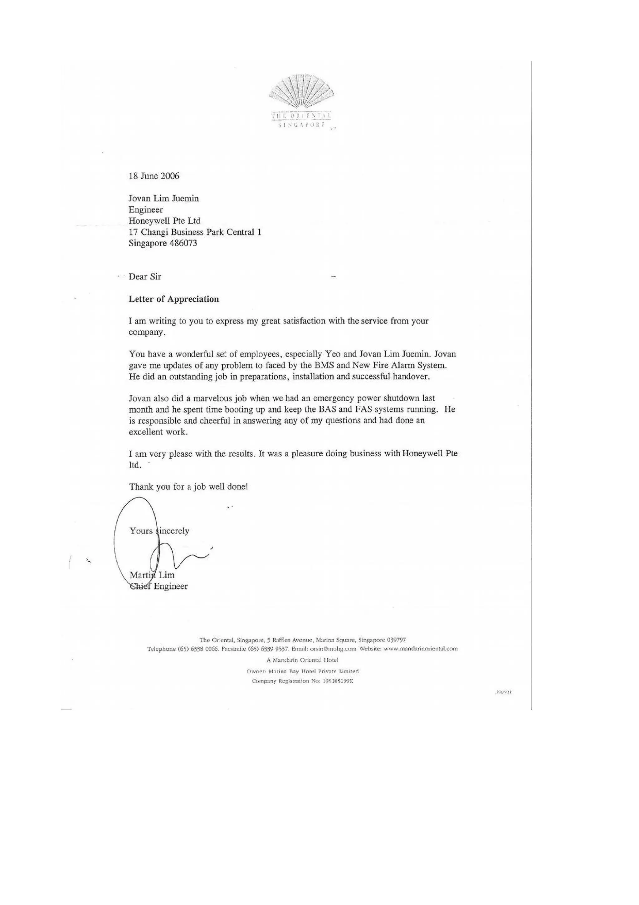 Letter of Appreciation Client Company (The Oriental Hotel) | PDF