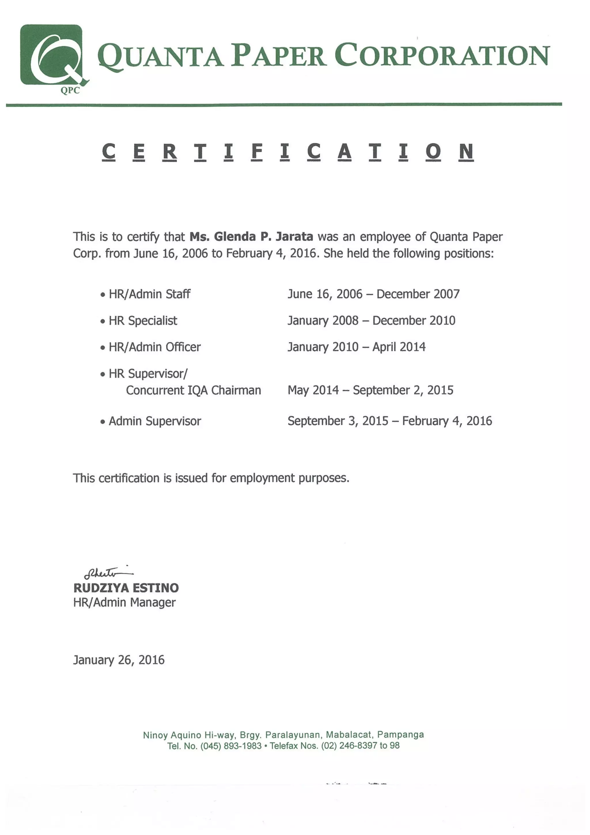 Certificate from Previous Employer | PDF