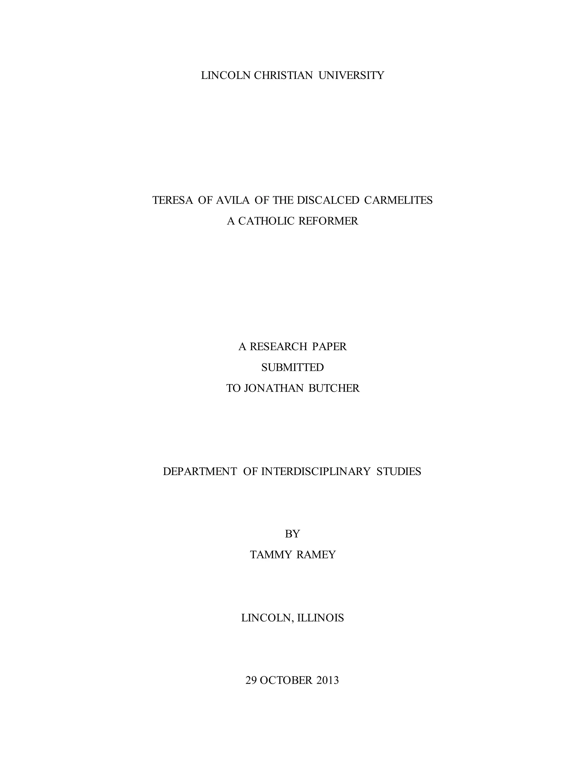 Teresa of Avila of the Discalced Carmelites- A Catholic Reformer | DOCX