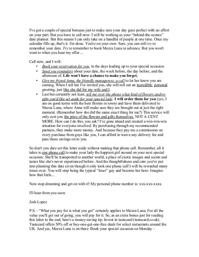 Josh's restaurant sales letter