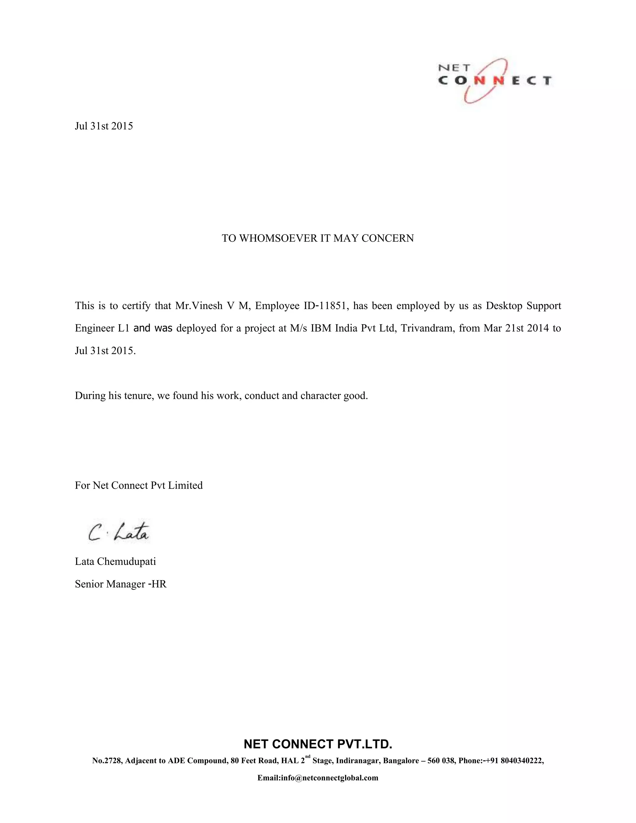 Netconnect Exp letter- Vinesh | PDF