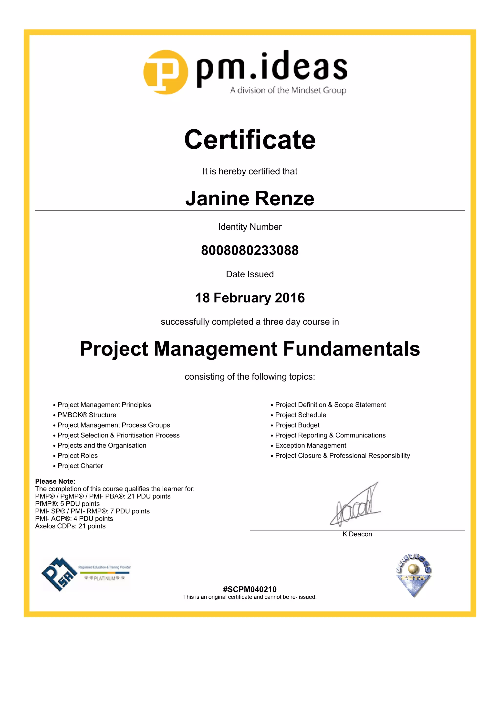 PM Fundamentals certificate | PDF