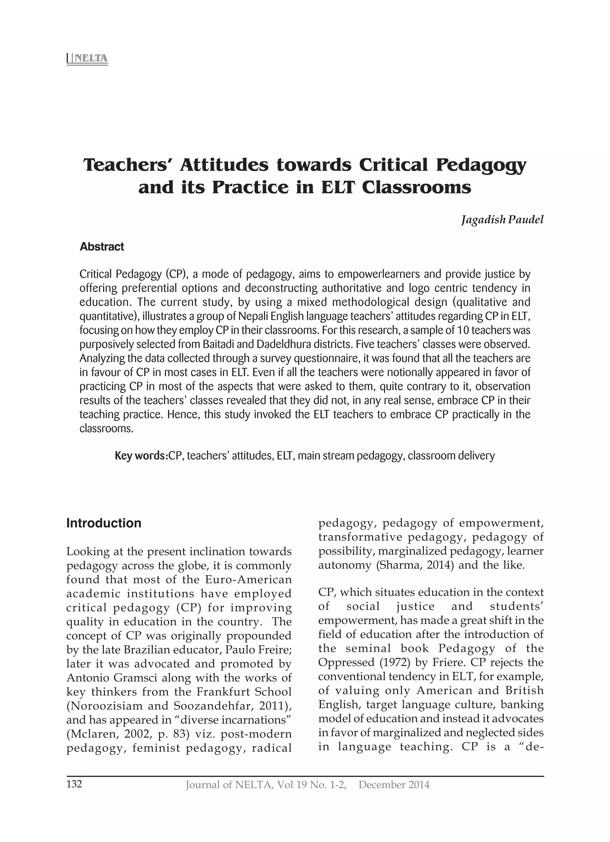 Teachers’ Attitudes towards Critical Pedagogy and its Practice in ELT Classrooms | PDF
