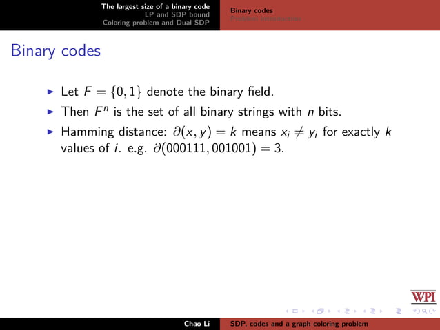 Semidefinite programming, binary codes and a graph coloring problem | PDF