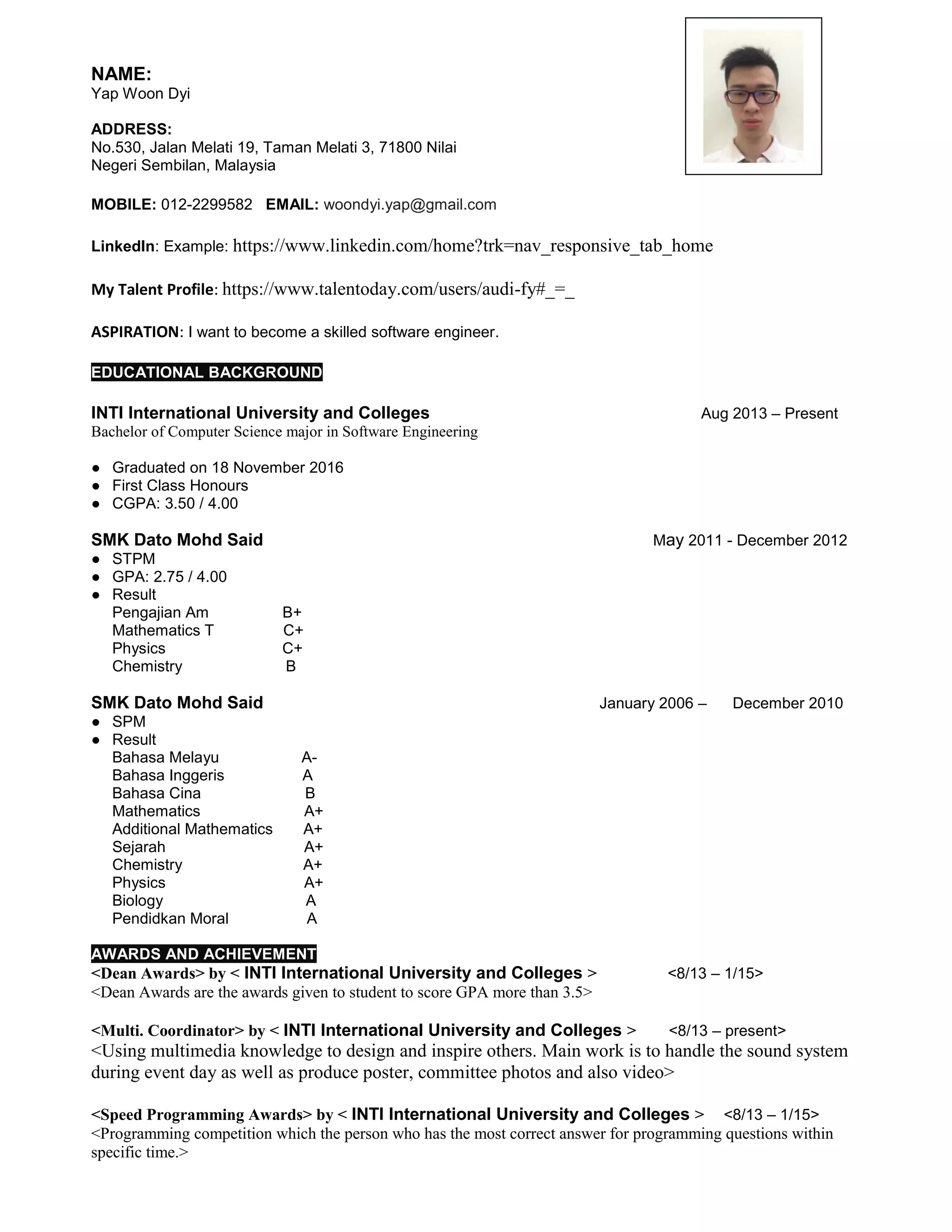 Resume Yap Woon Dyi | PDF