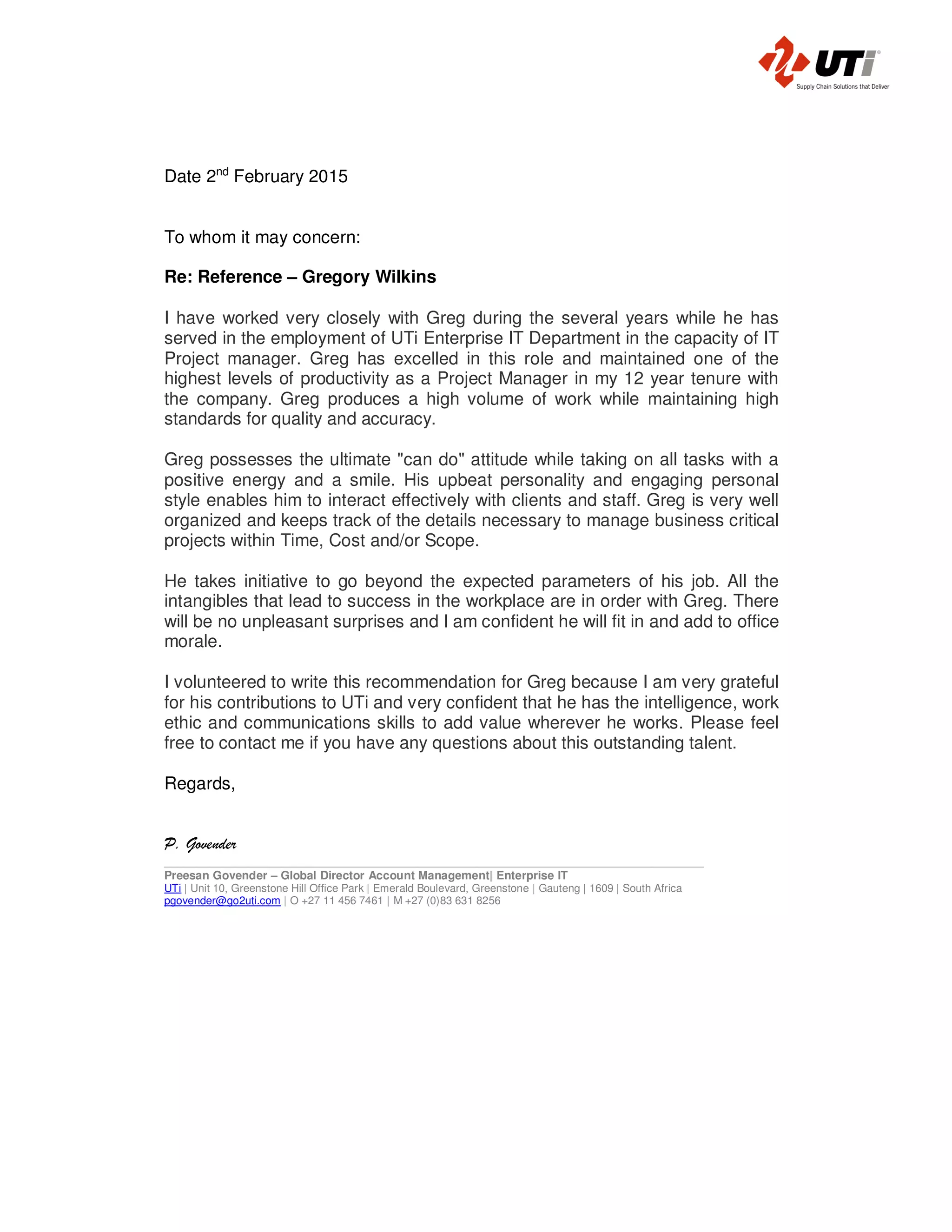 Reference letter Greg Wilkins | PDF