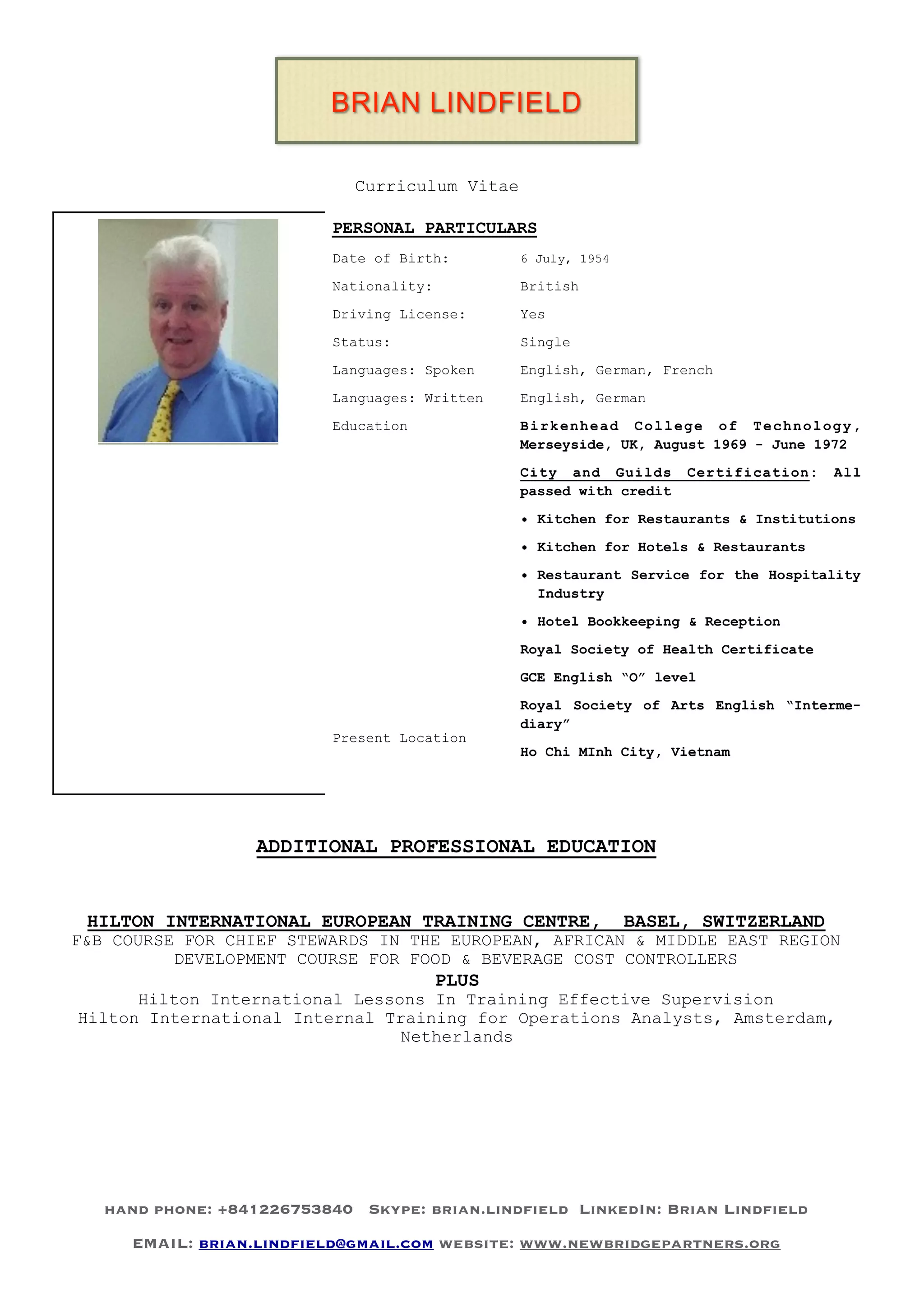 CV Brian Lindfield June 2016-2 | PDF | Business Travel | Travel Type