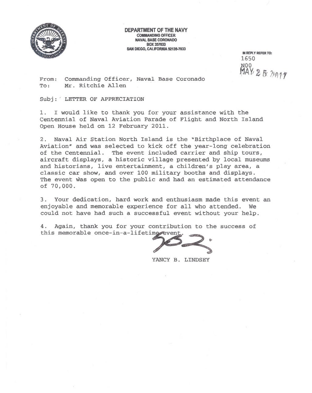 Dept Of Navy Letter Of Appreciation Cenntennial Of Flight dept-of-navy-letter-of-appreciation-cenntennial-of-flight