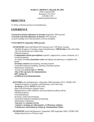 Maria Bierman Resume | DOC | Pharmaceutical Industry | Industries