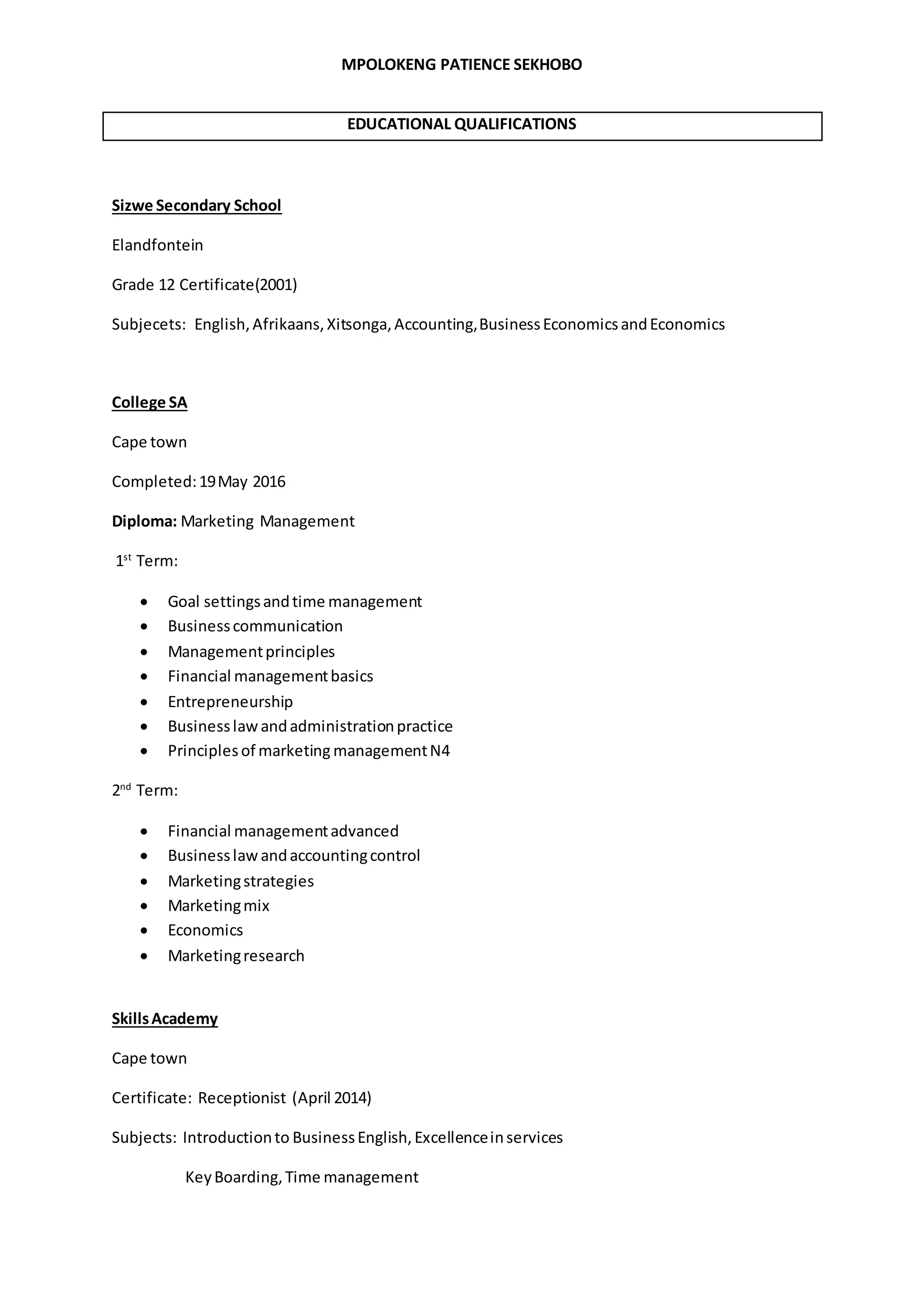 MPOLOKENG PATIENCE SEKHOBO | PDF