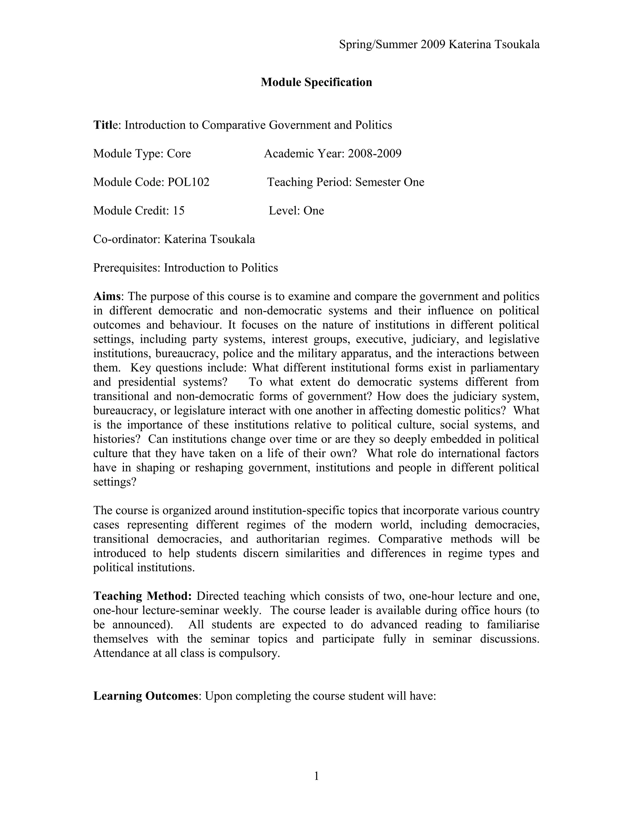 Introduction to Comparative Government Syllabus | DOC