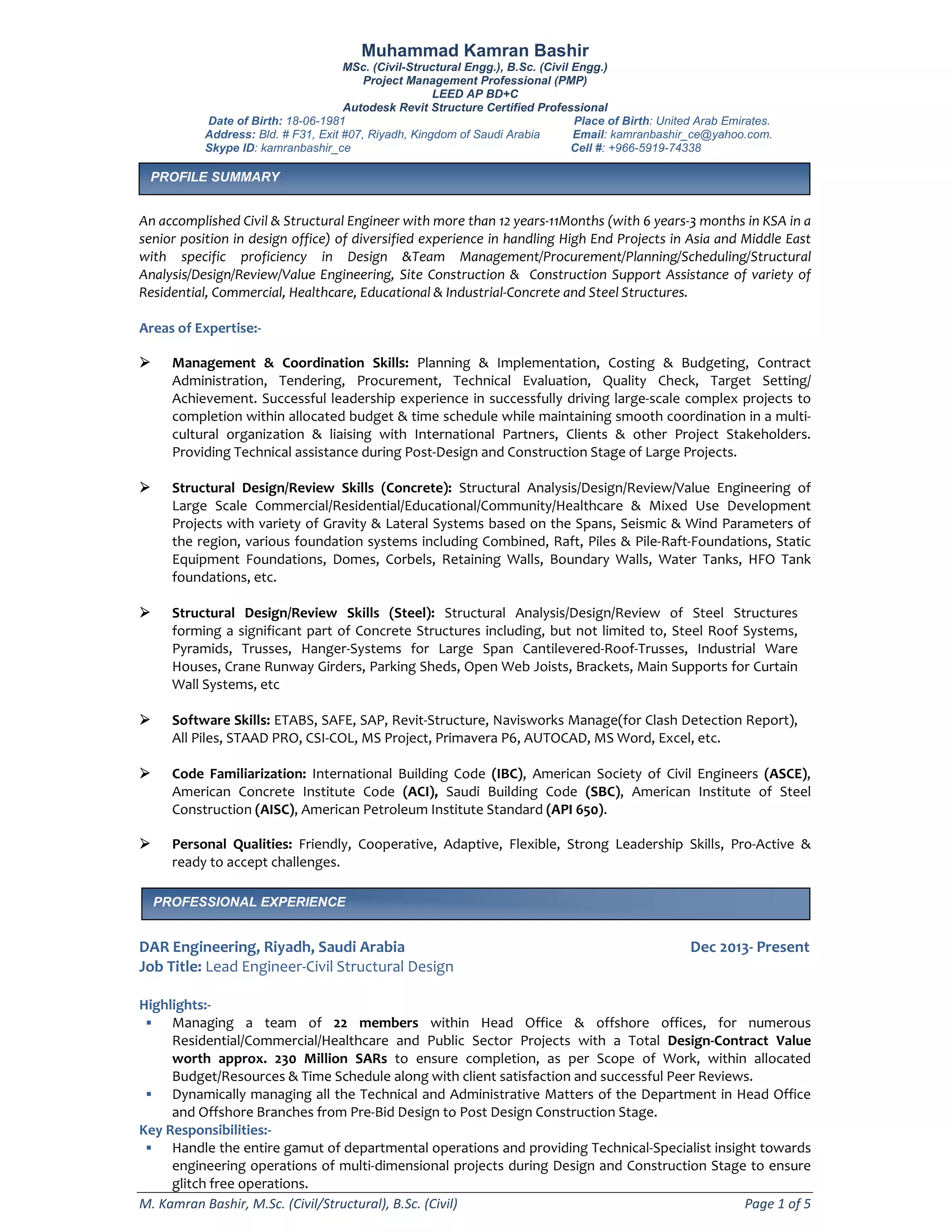 M.Kamran Bashir- PMP, LEED AP BD+C, M.E. Structures | PDF