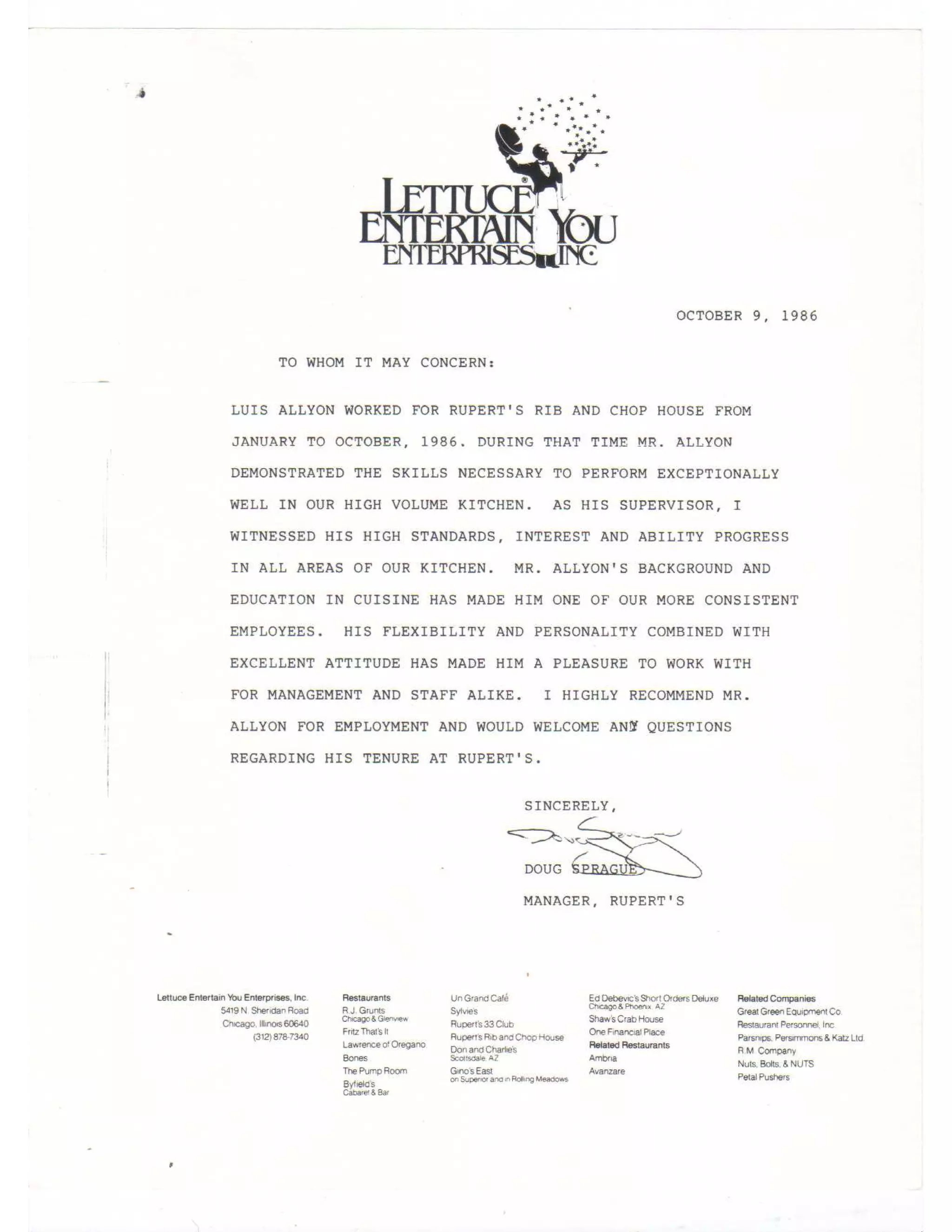 Ruperts Rib and Chop House recommendation letter | PDF