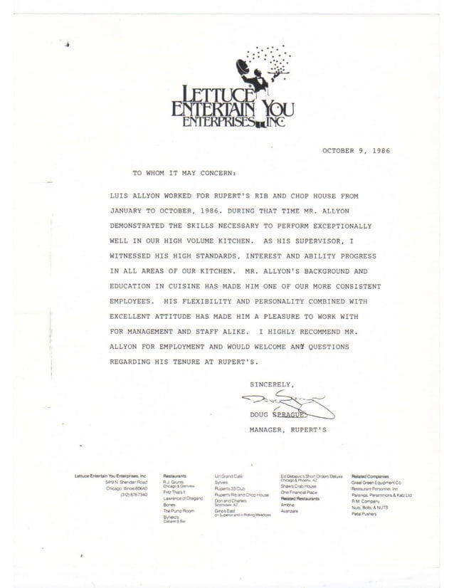 Ruperts Rib and Chop House recommendation letter | PDF