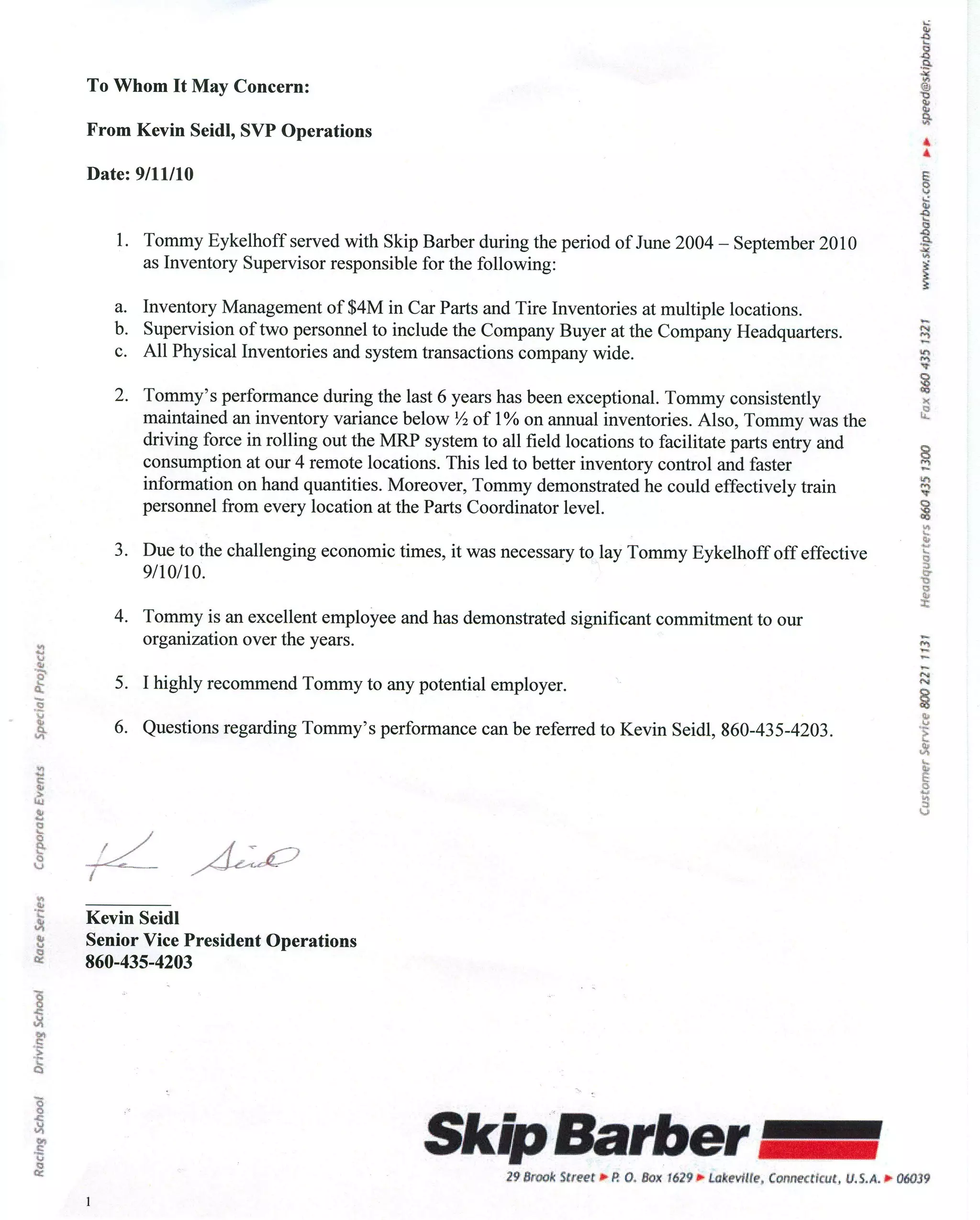 Kevin Seidl Letter of Recommendation | PDF