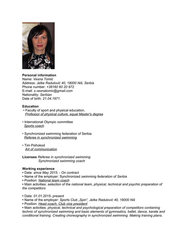 CV Vesna Tomic | DOC | Swimming | Sports