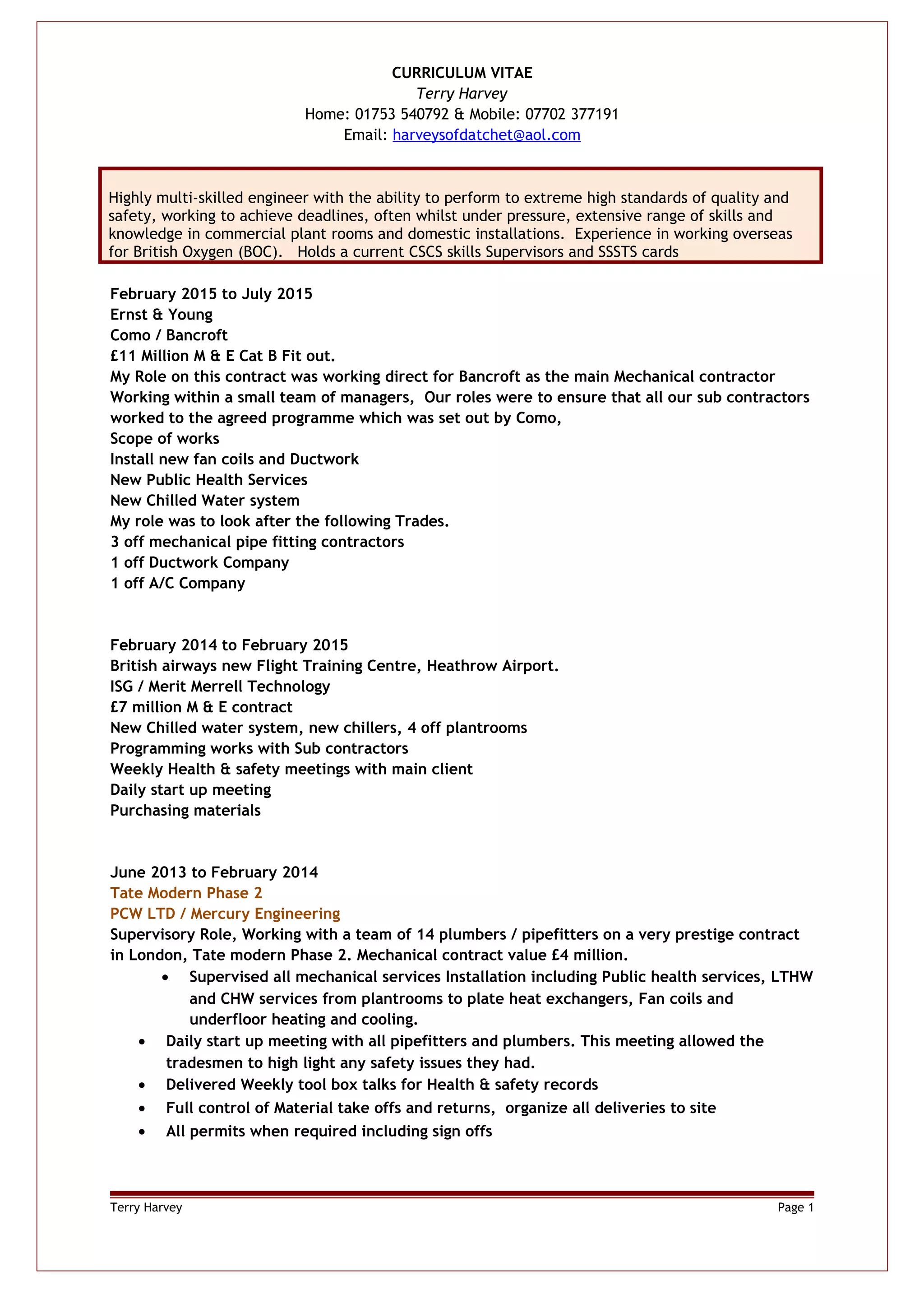 Terry CV June 2015 | DOC | Civil Engineering Industry | Industries