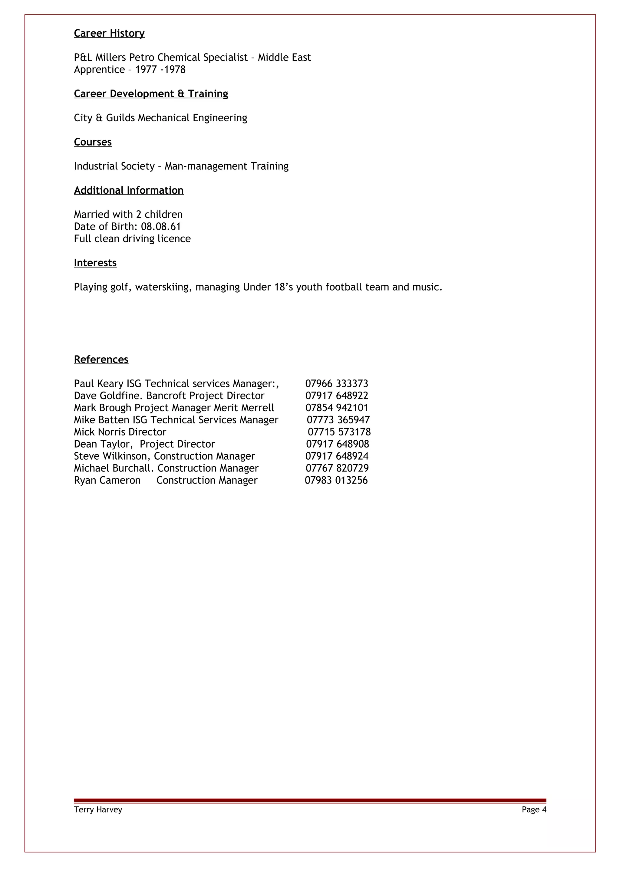 Terry CV June 2015 | DOC | Civil Engineering Industry | Industries