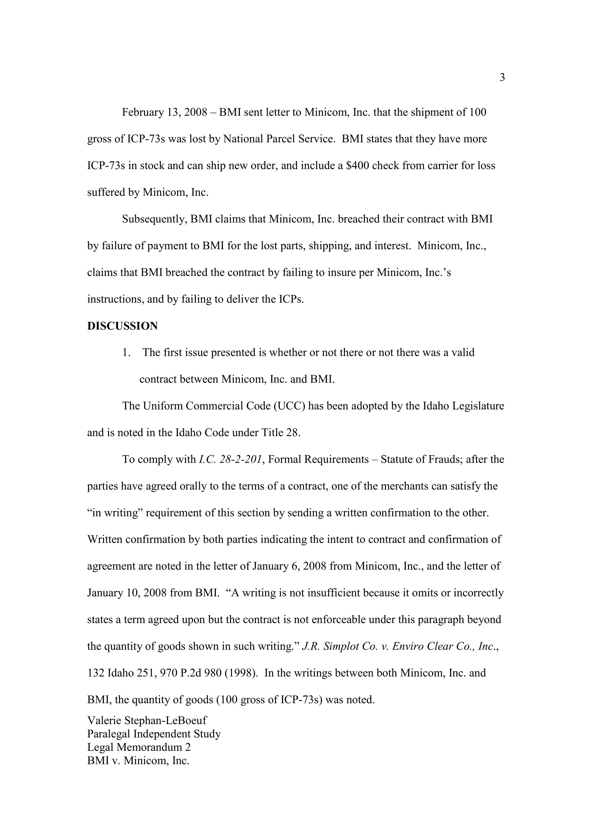Legal Memorandum BMI & Minicom 2 | PDF