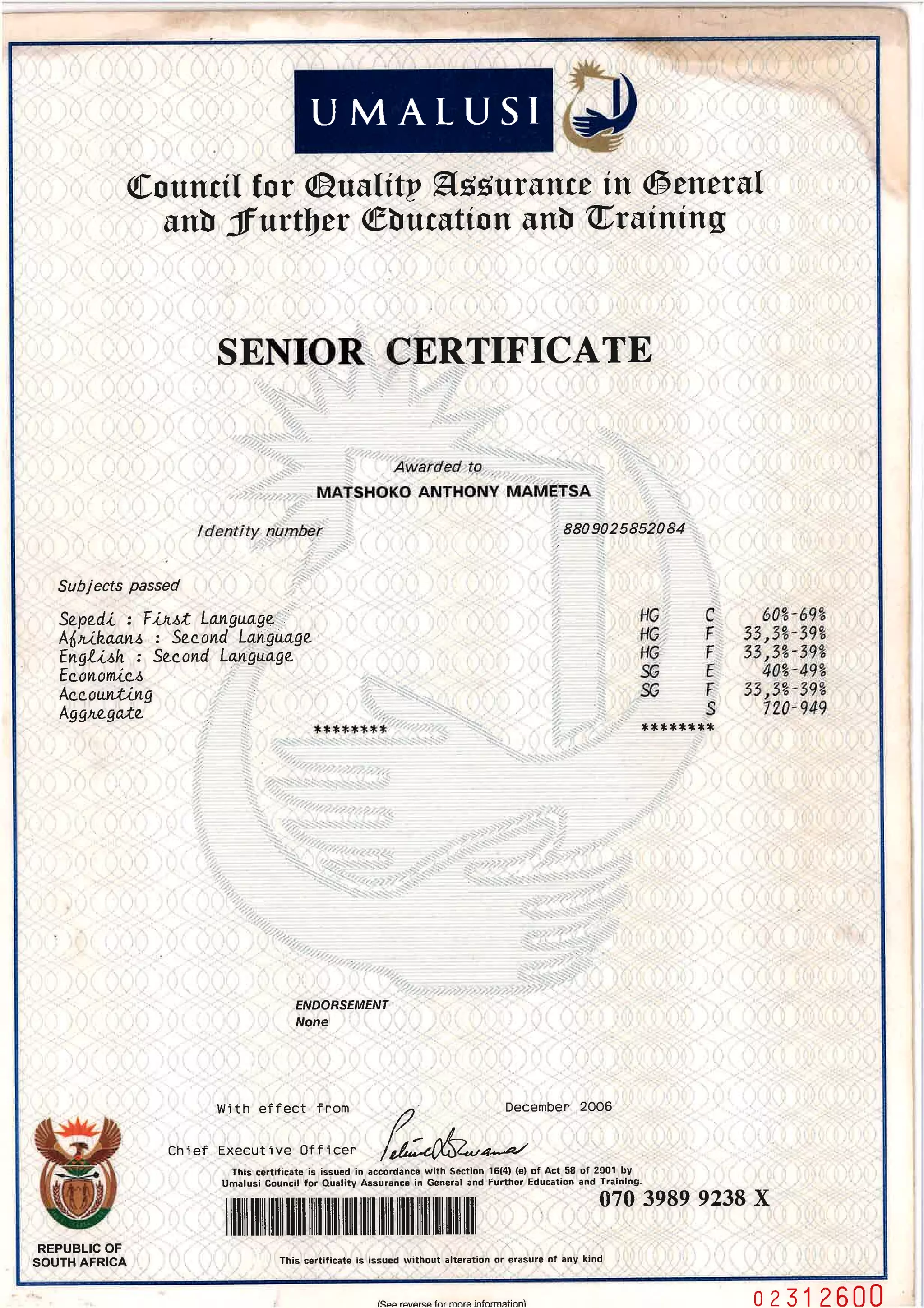 MATRIC CERTIFICATE | PDF