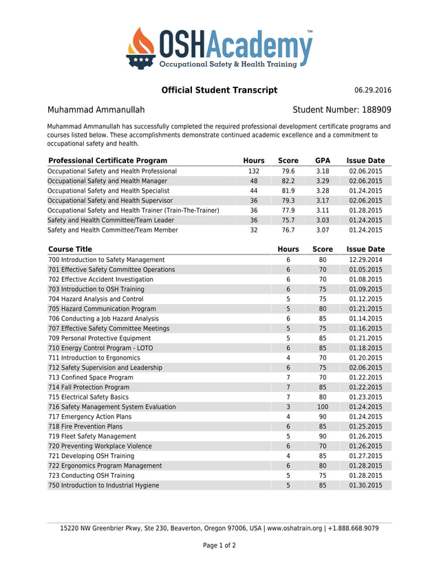 188909-OSHAcademy-Transcript | PDF