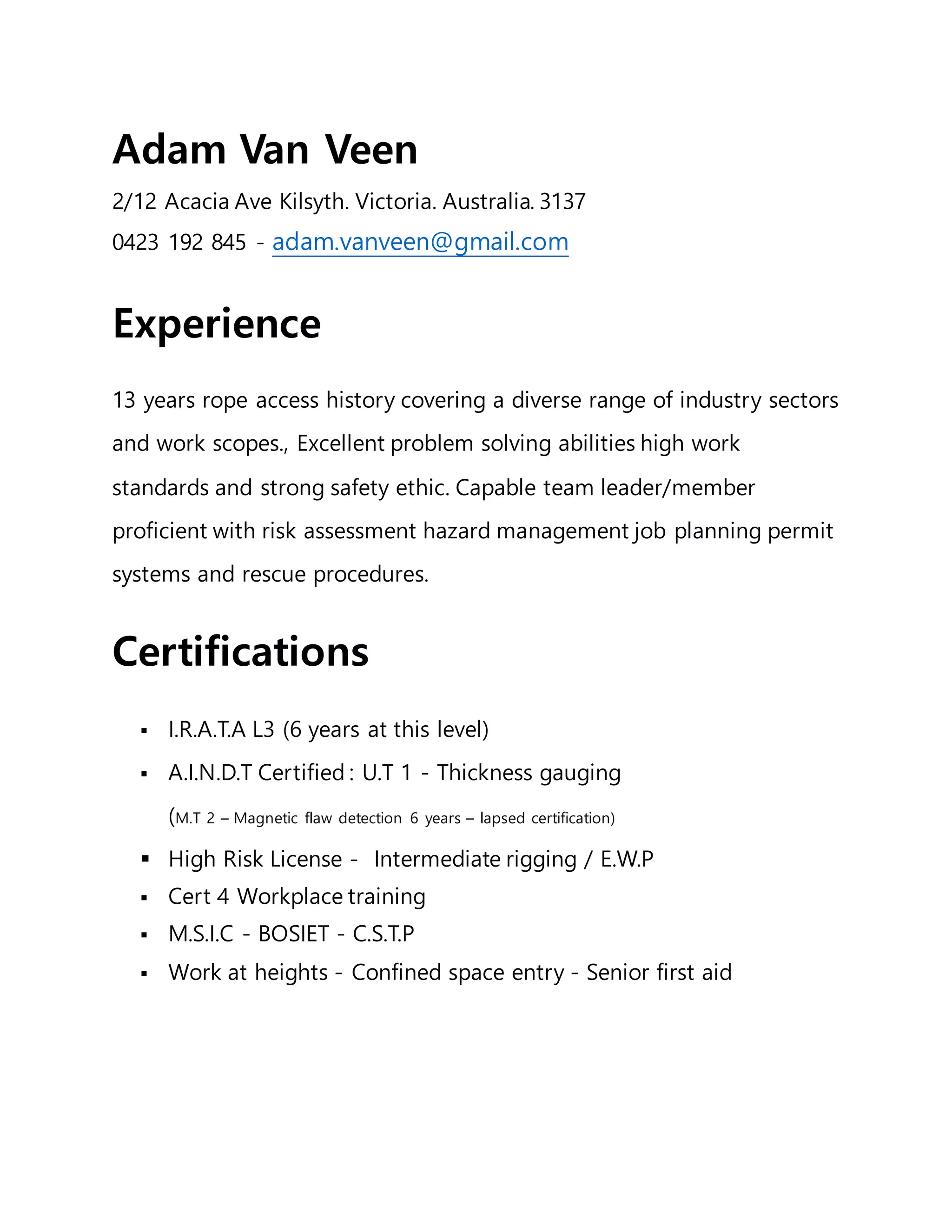 Rope access cv sept 2016 | DOCX