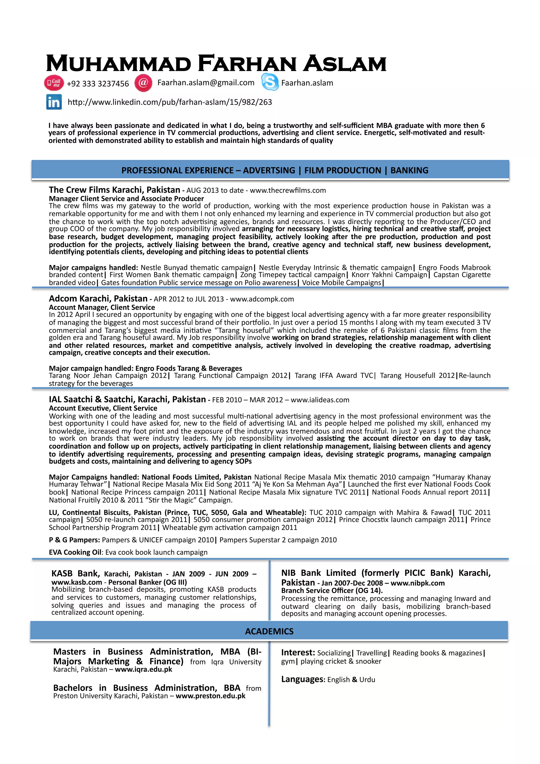 CV M Farhan Aslam | PDF | Business Administration | Business