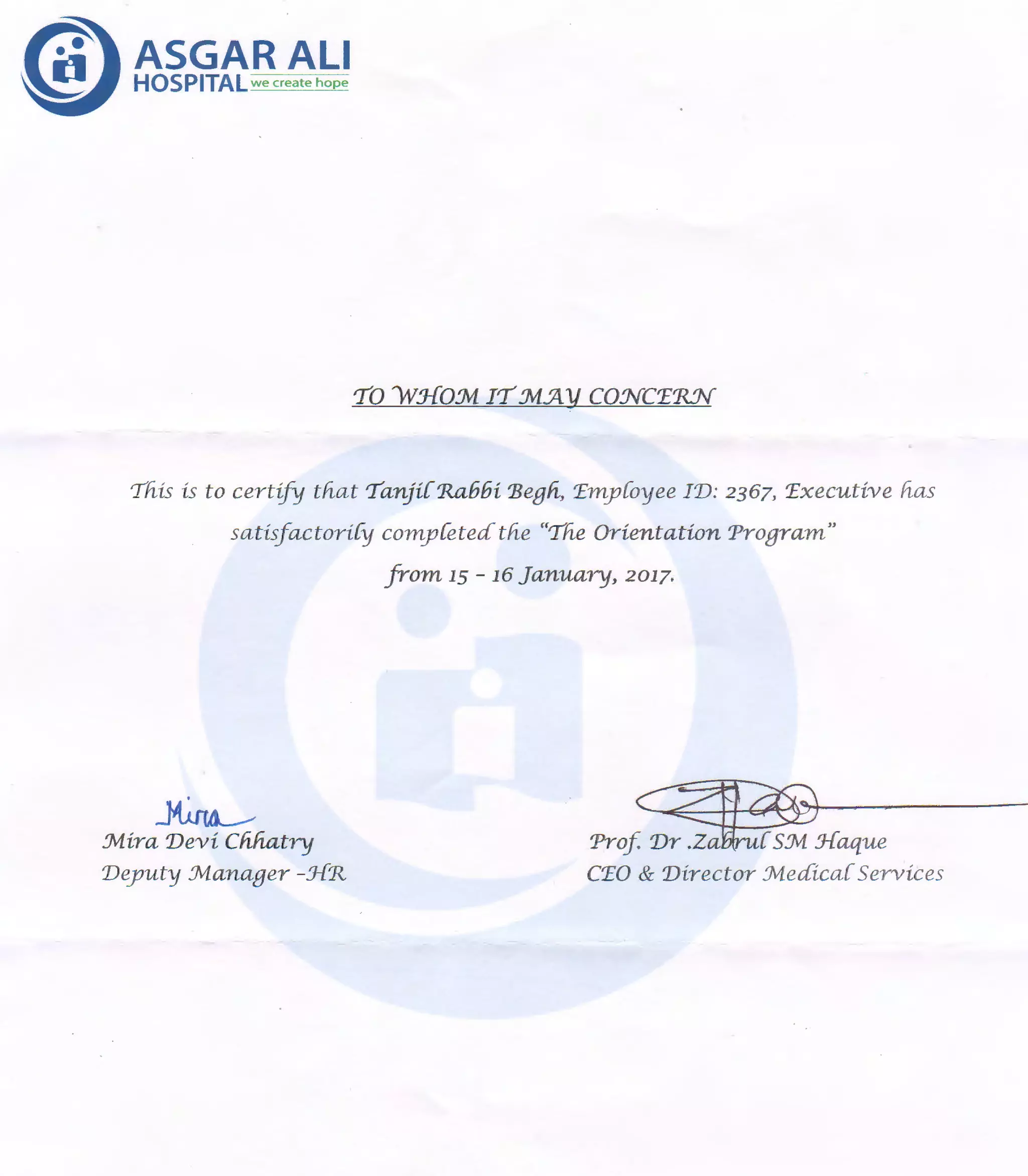 Certification of Satisfactory Completion of Orientation Program at Asgar Ali Hospital | PDF