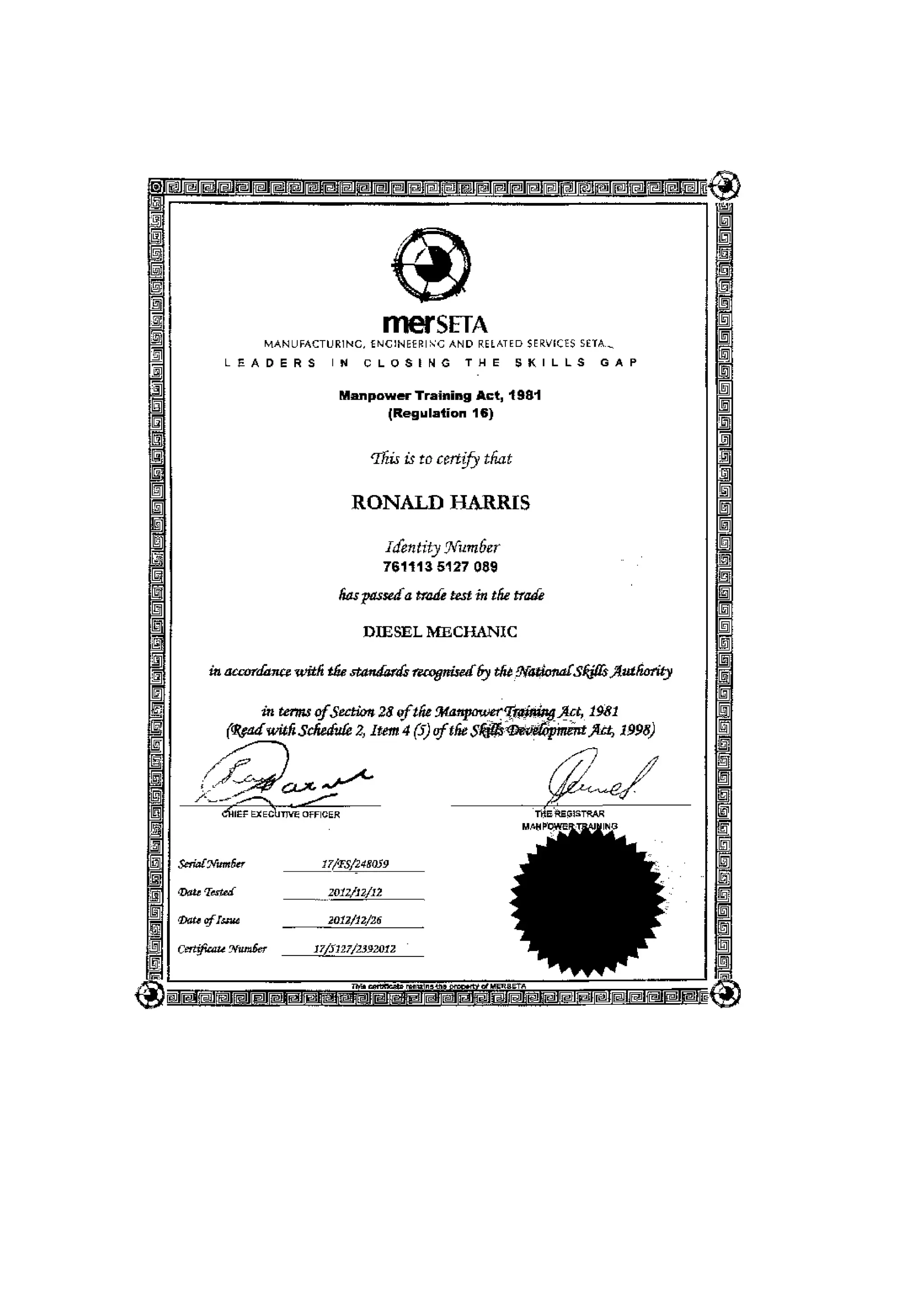 Heavy Diesel Trade Certificate | DOCX