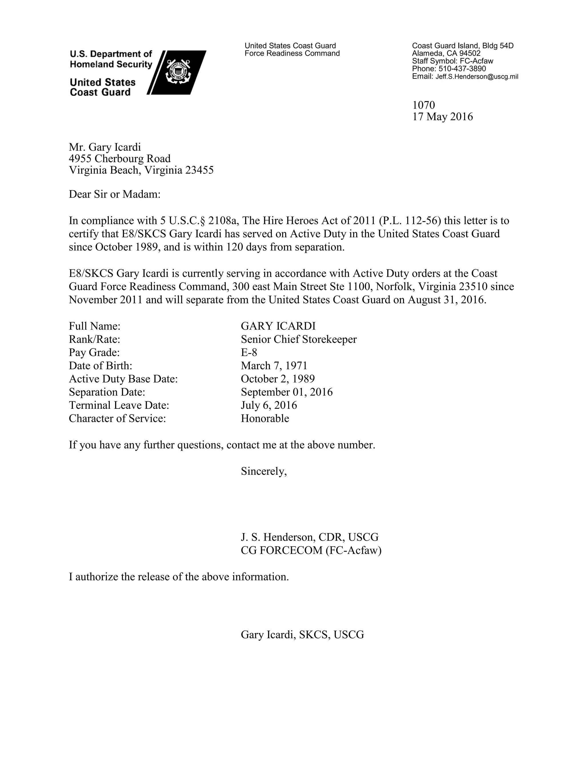 Statement of Service_SKCS Icardi, USCG | PDF