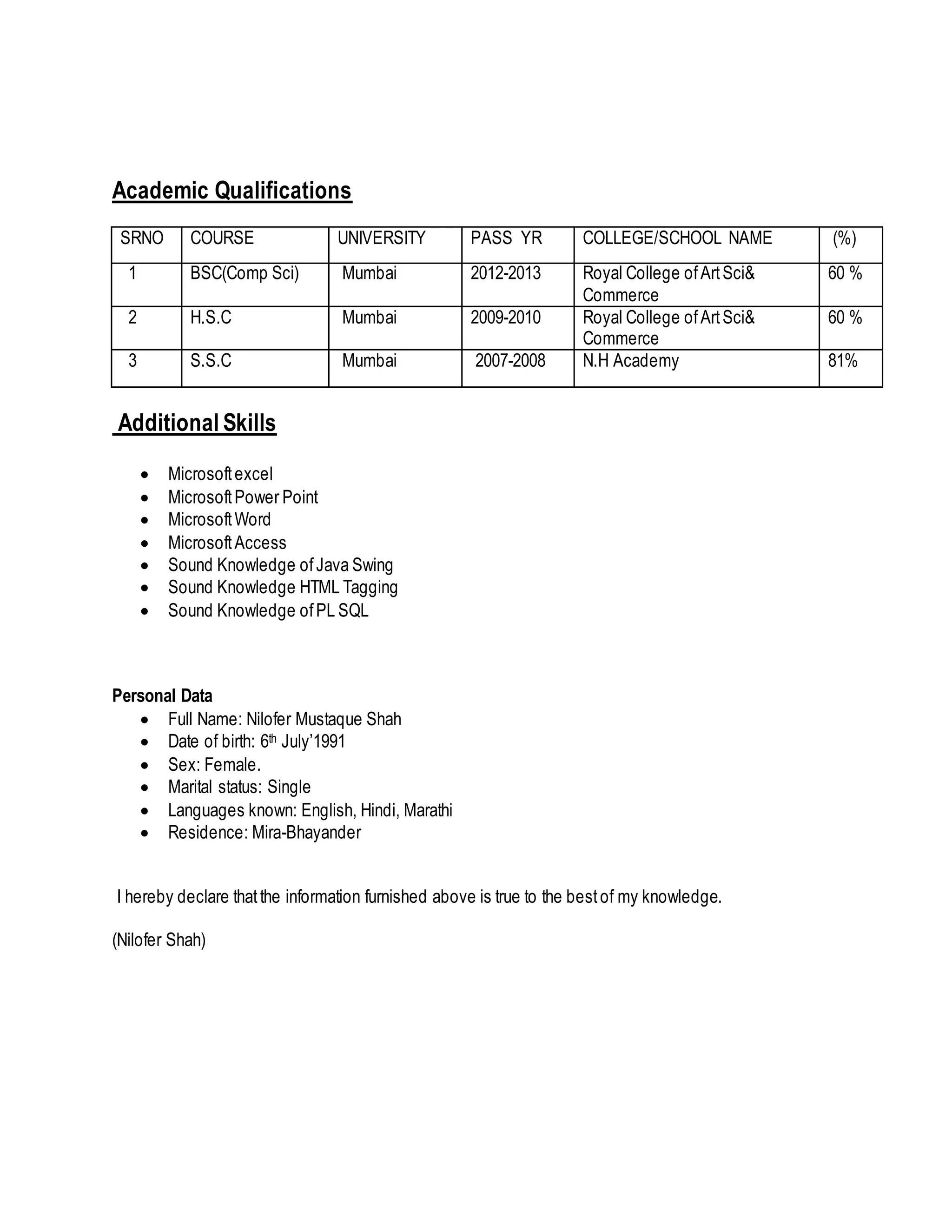 nilofer_shah_resume | DOCX | Computing | Technology & Computing