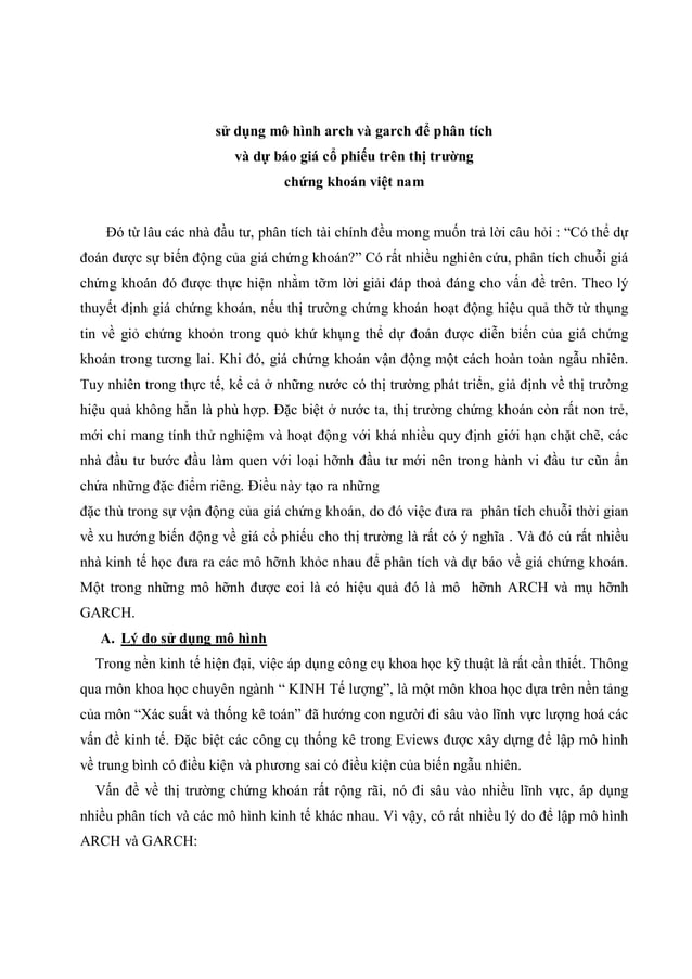 Sử dụng mô hình ARCH và GARCH để phân tích và dự báo giá cổ phiếu trên thị trường chứng khoán ...