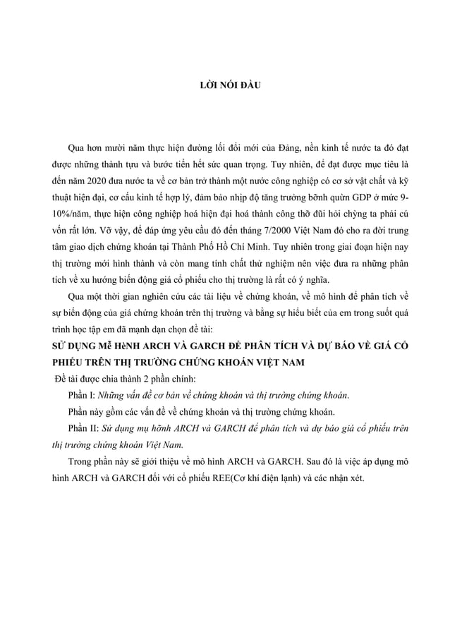 Sử dụng mô hình ARCH và GARCH để phân tích và dự báo giá cổ phiếu trên thị trường chứng khoán ...