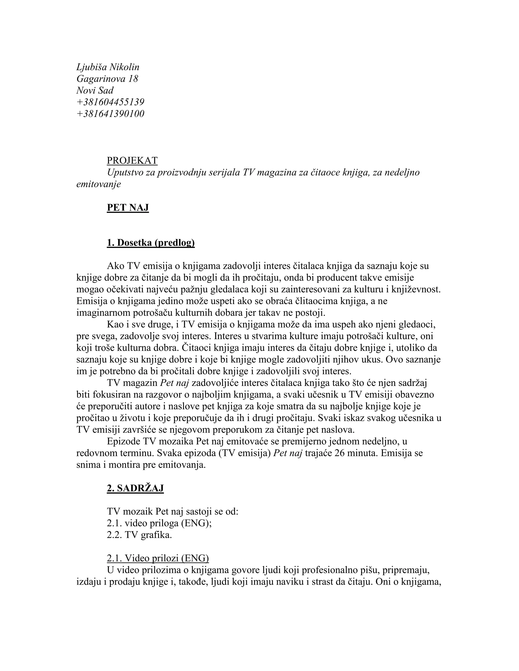 TV projekat Pet naj (mozaik) | PDF