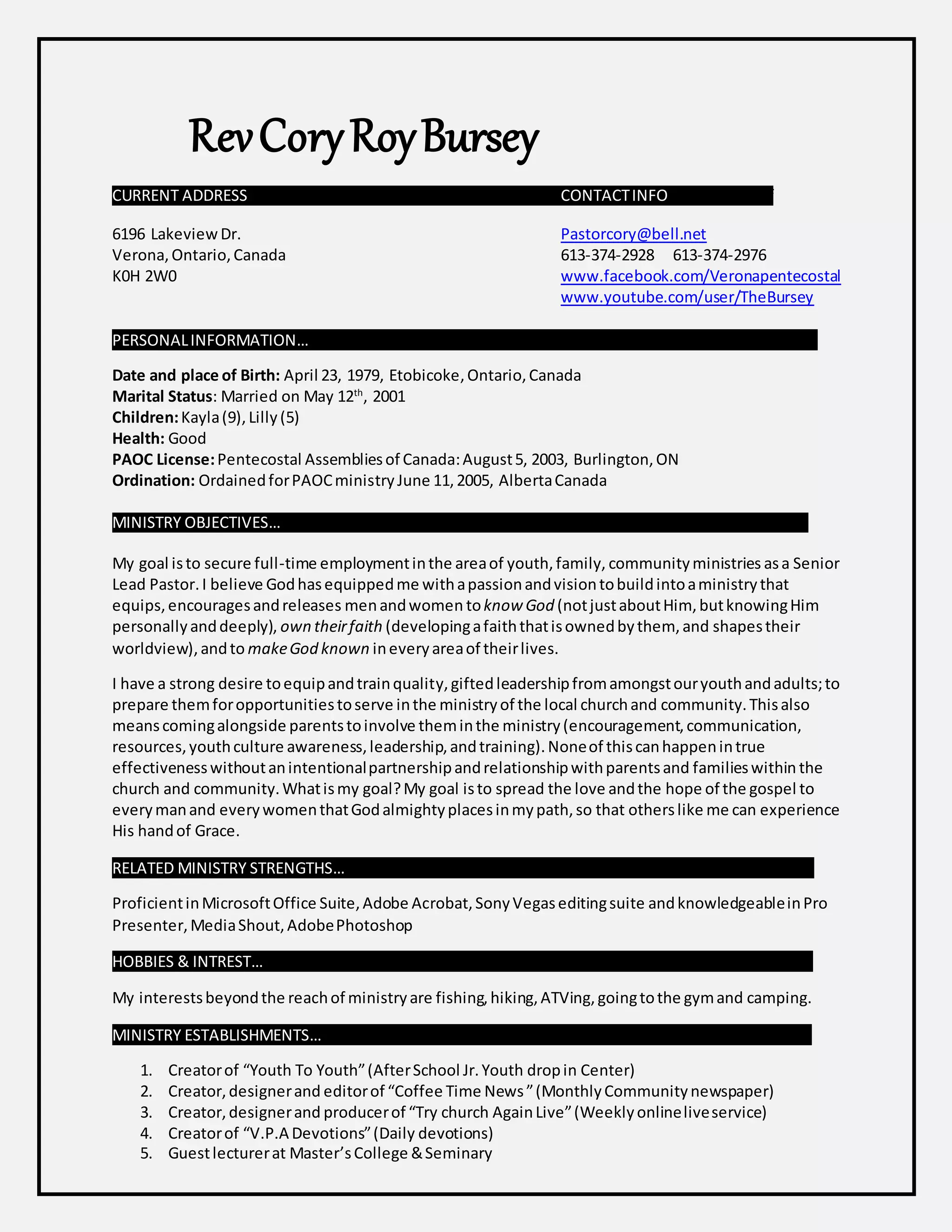 Rev Cory Bursey Resume 2016 | DOCX