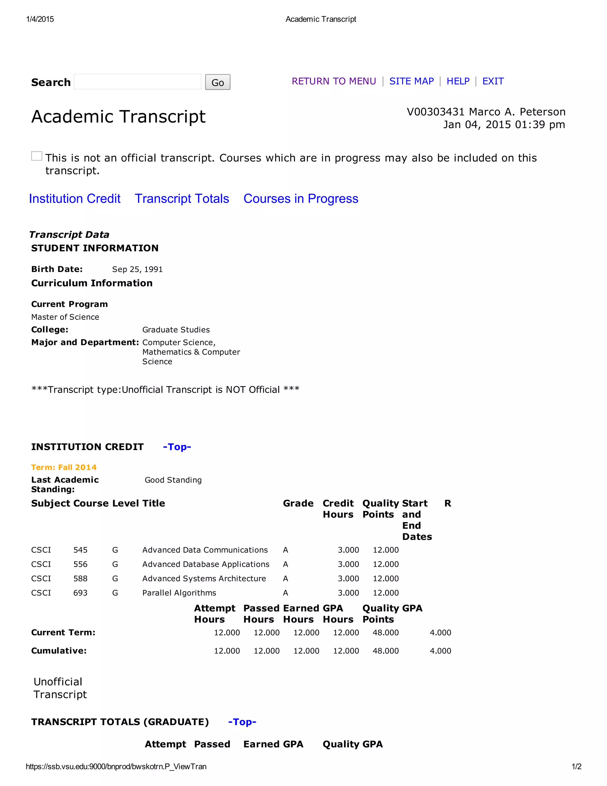 Grad CS Transcript | PDF