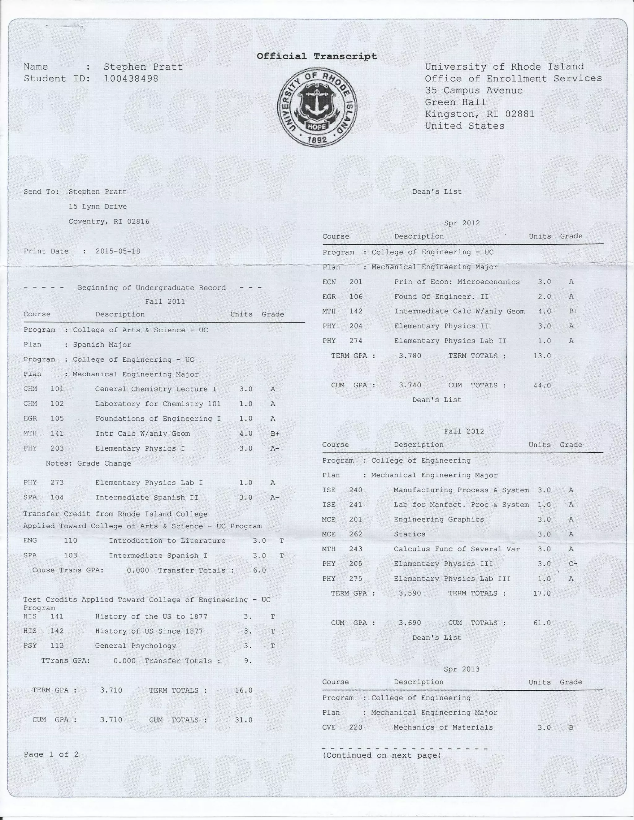 Stephen Pratt URI Official Transcript | PDF